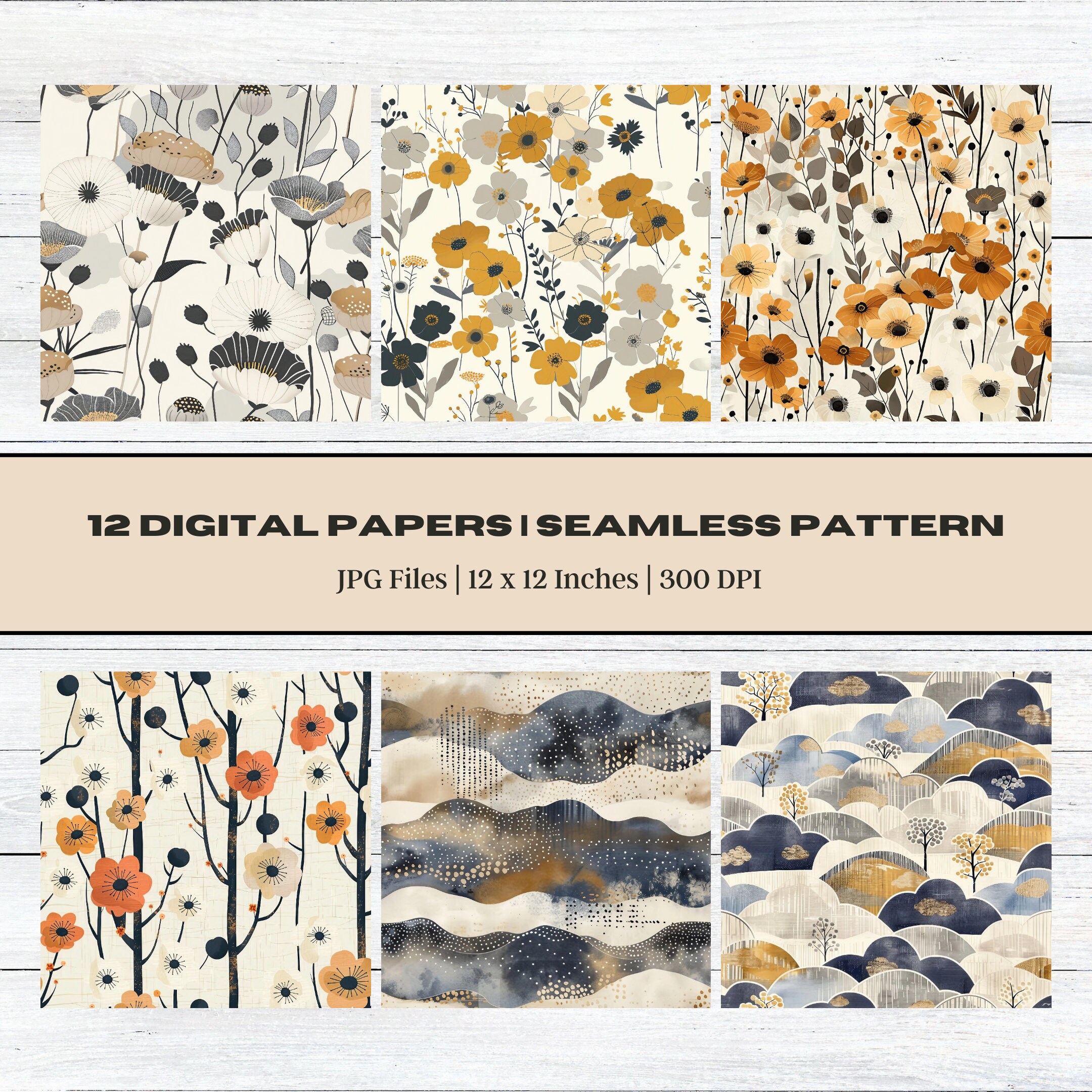 12 Japandi Floral Digital Paper, Seamless Design, Retro Boho, Japan ...