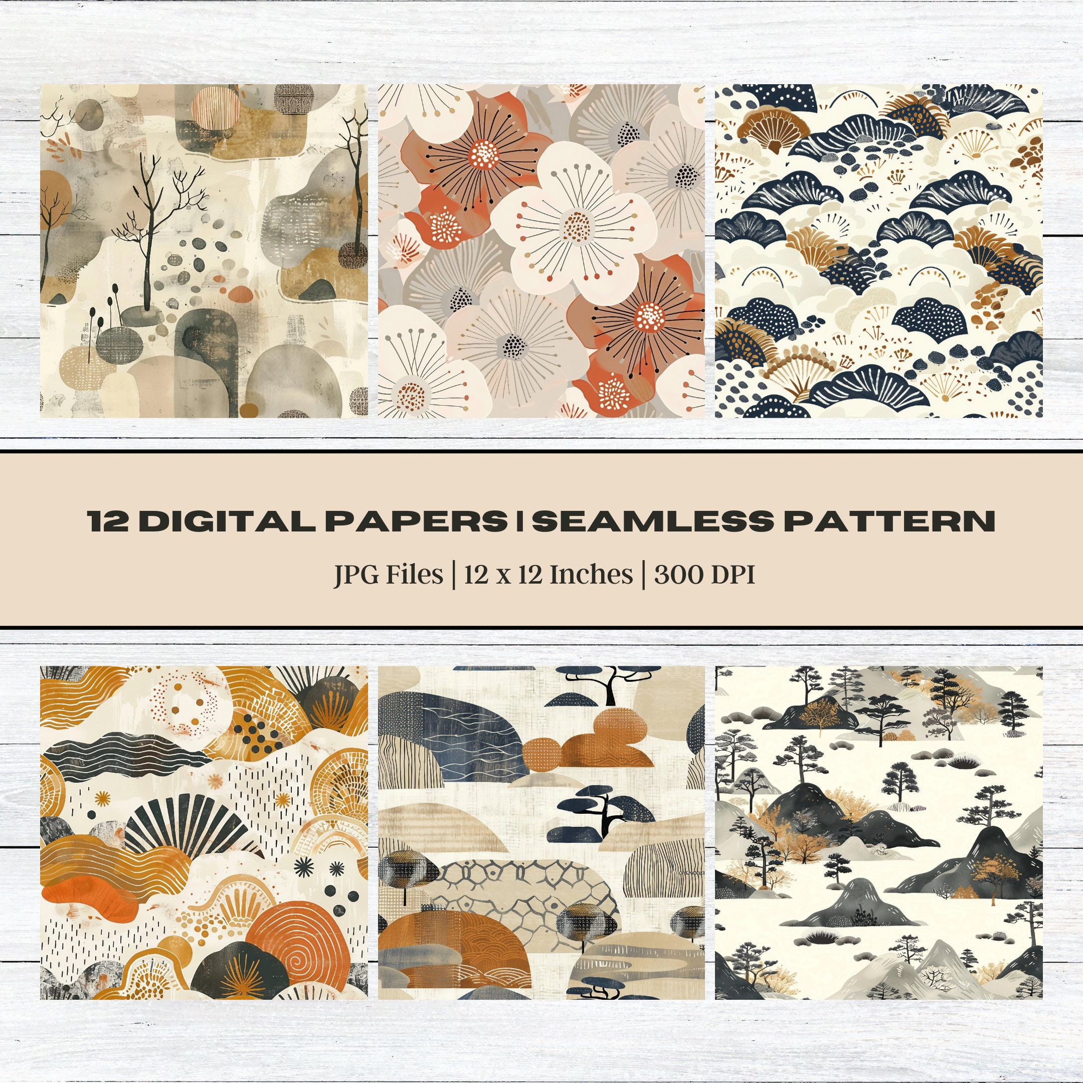 12 Japandi Art Digital Paper, Seamless Design, Retro Boho, Japan ...