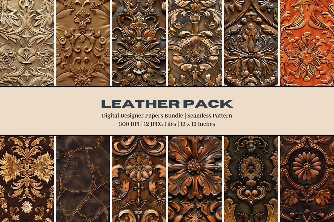 12 Natural Leather Digital Paper, Leather Pattern, Floral Western Brown ...