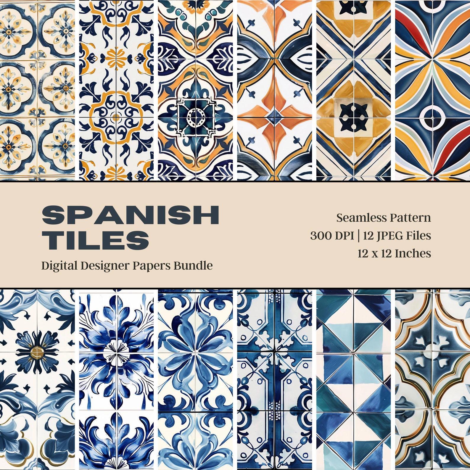12 Spanish Tiles Digital Paper, Mosaic Tiles, Azulejos Tiles, Ceramic ...