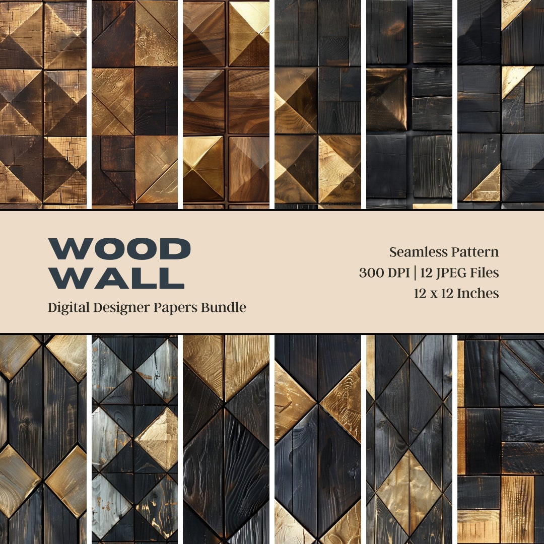 12 Gold Plated Wood Wall Digital Paper, Seamless Pattern, Wood Tile ...