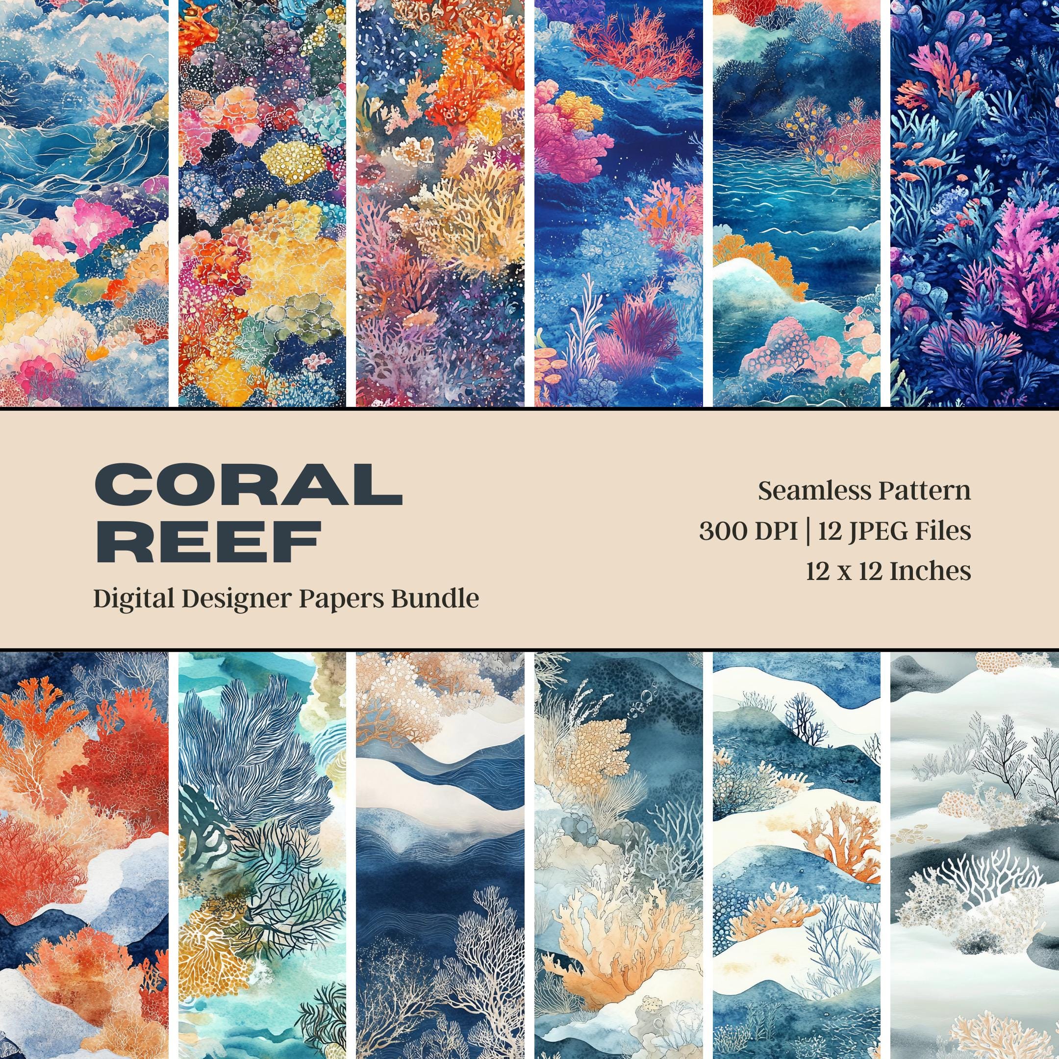 12 Coral Reef Digital Paper, Seamless Design, Underwater Ocean Pattern ...