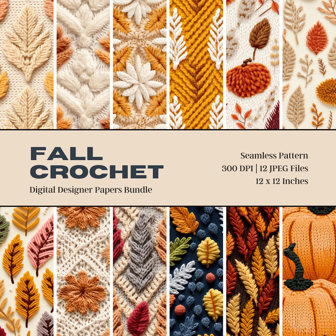 12 Fall Embroidery Crochet Digital Paper, Fall Decor, Cottage Core ...