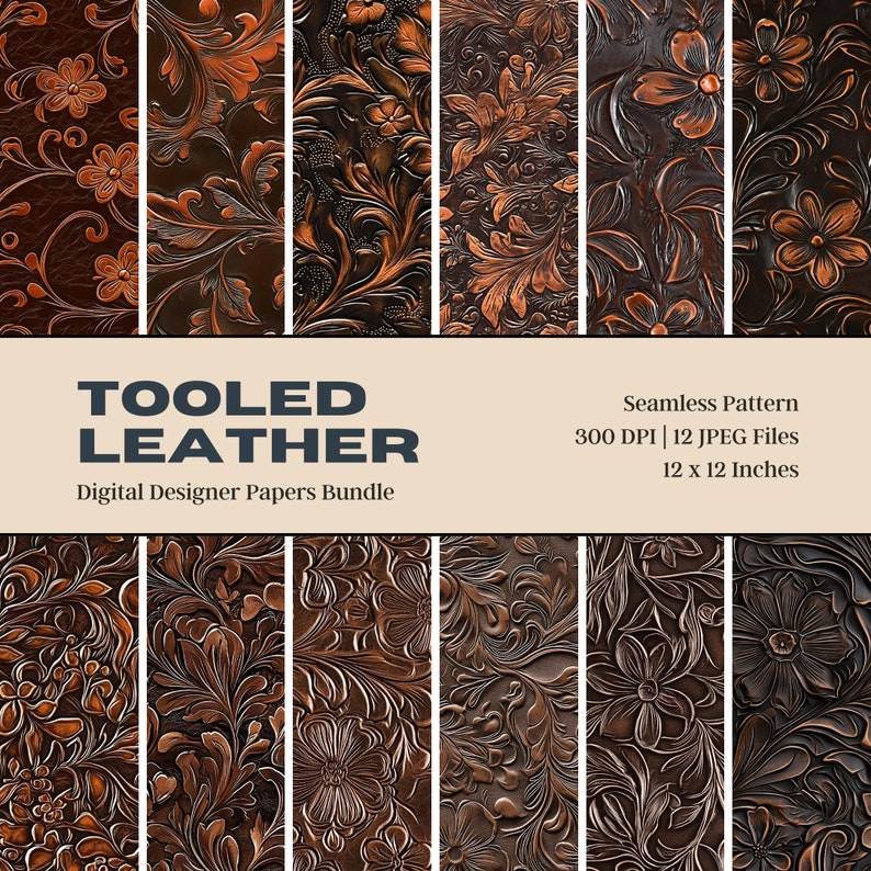 12 Western Tooled Leather Digital Paper, Leather Pattern, Western ...