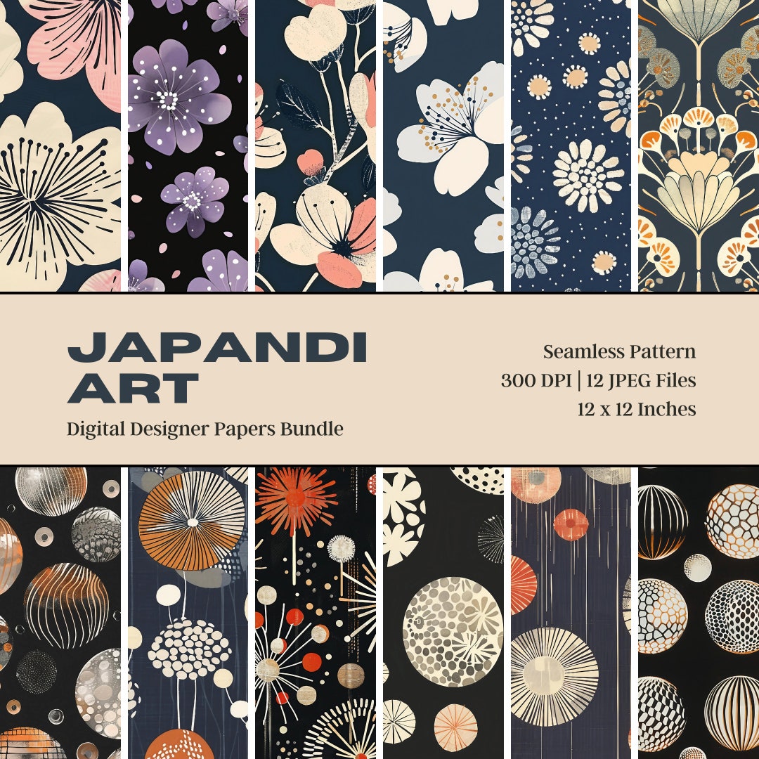12 Japandi Art Digital Paper, Seamless Design, Retro Boho, Japan ...