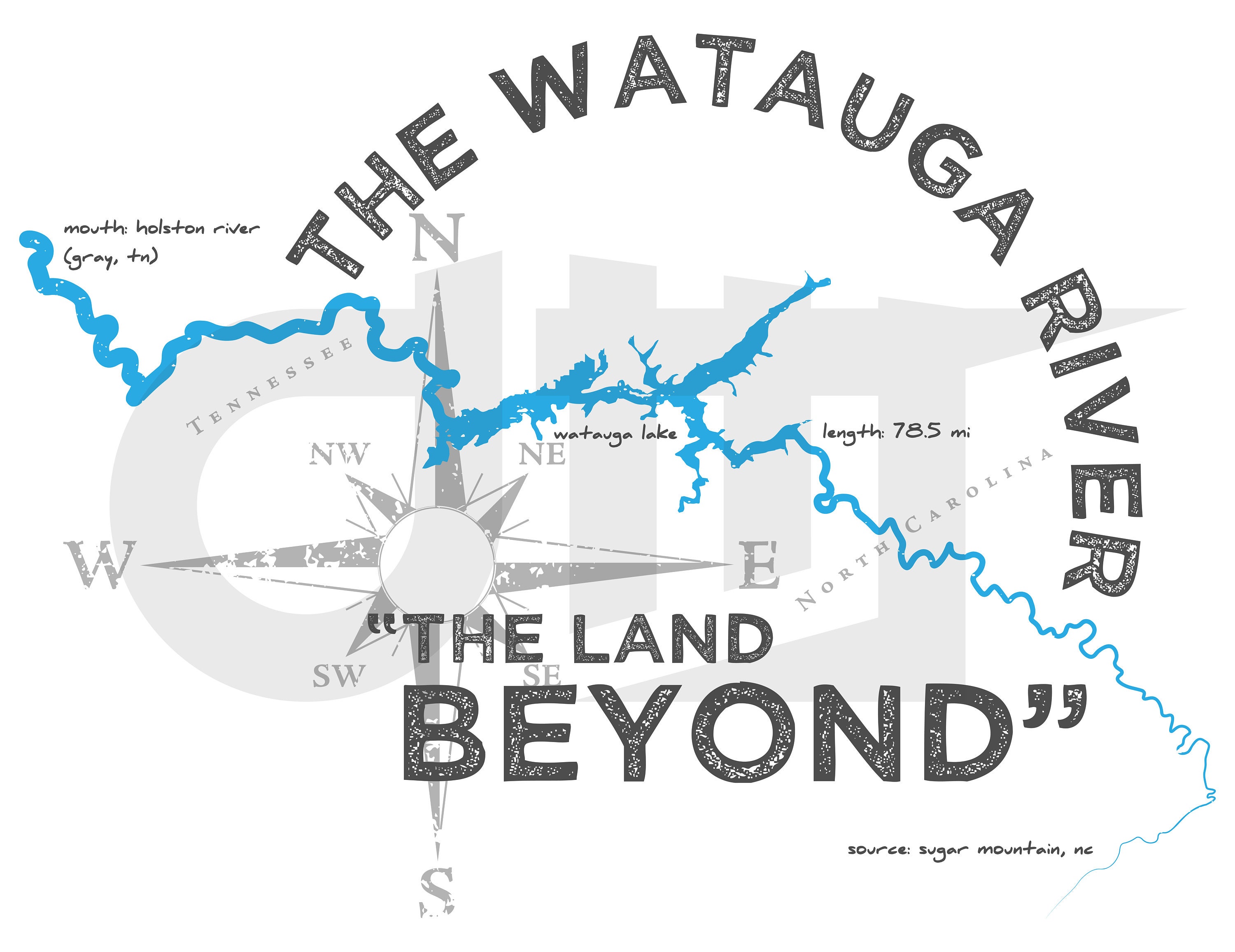 Watauga River - Map - Fly Fishing Print - Fishing - Blue Ridge ...