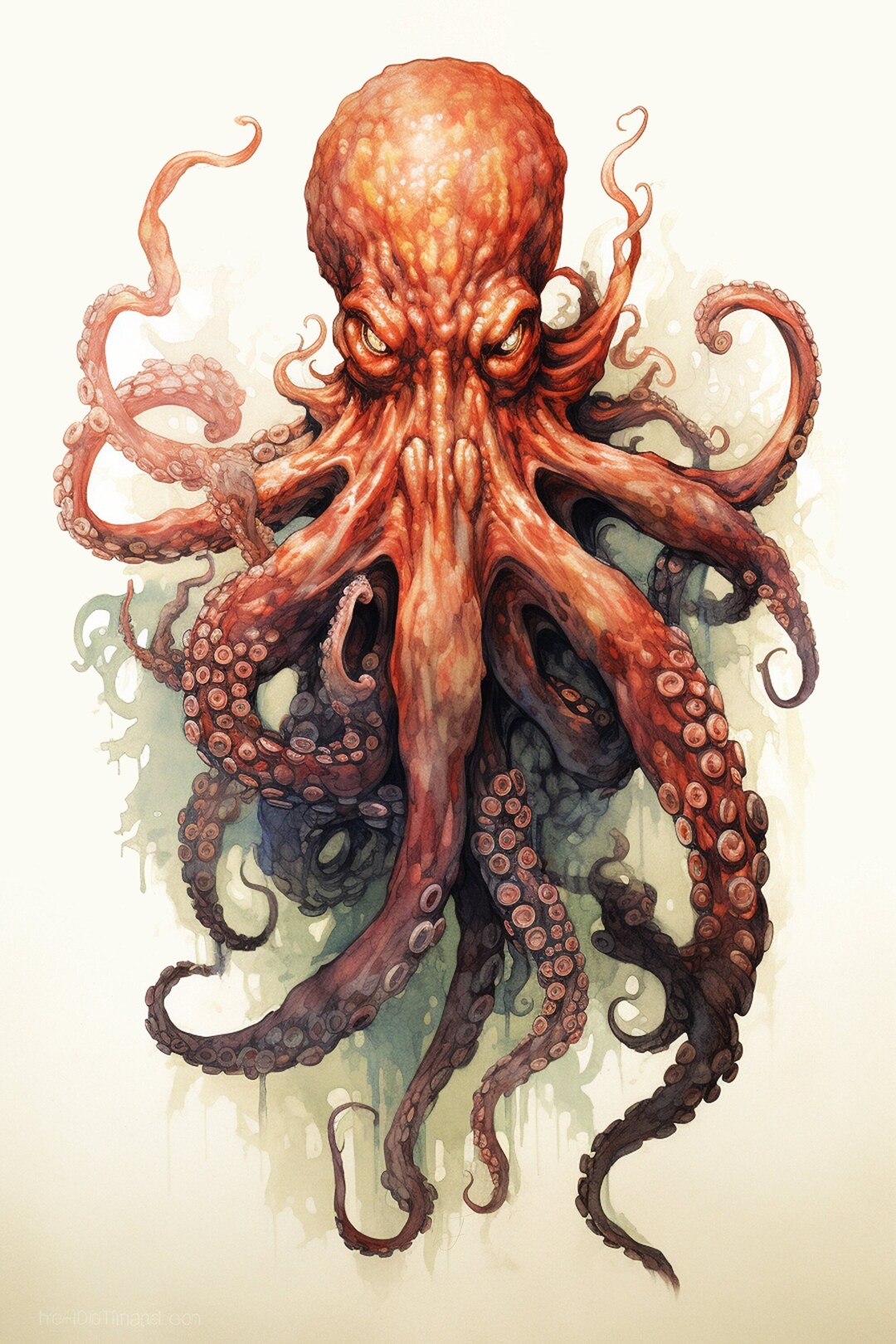 Big Red Octopus #7 - Watercolor Digital Print - Etsy
