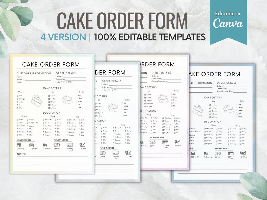 Cake Order Form,printable Bakery Order Form,small Business Template ...
