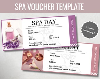 Editable Spa Day Voucher Personalized Massage Coupon Printable Gift ...