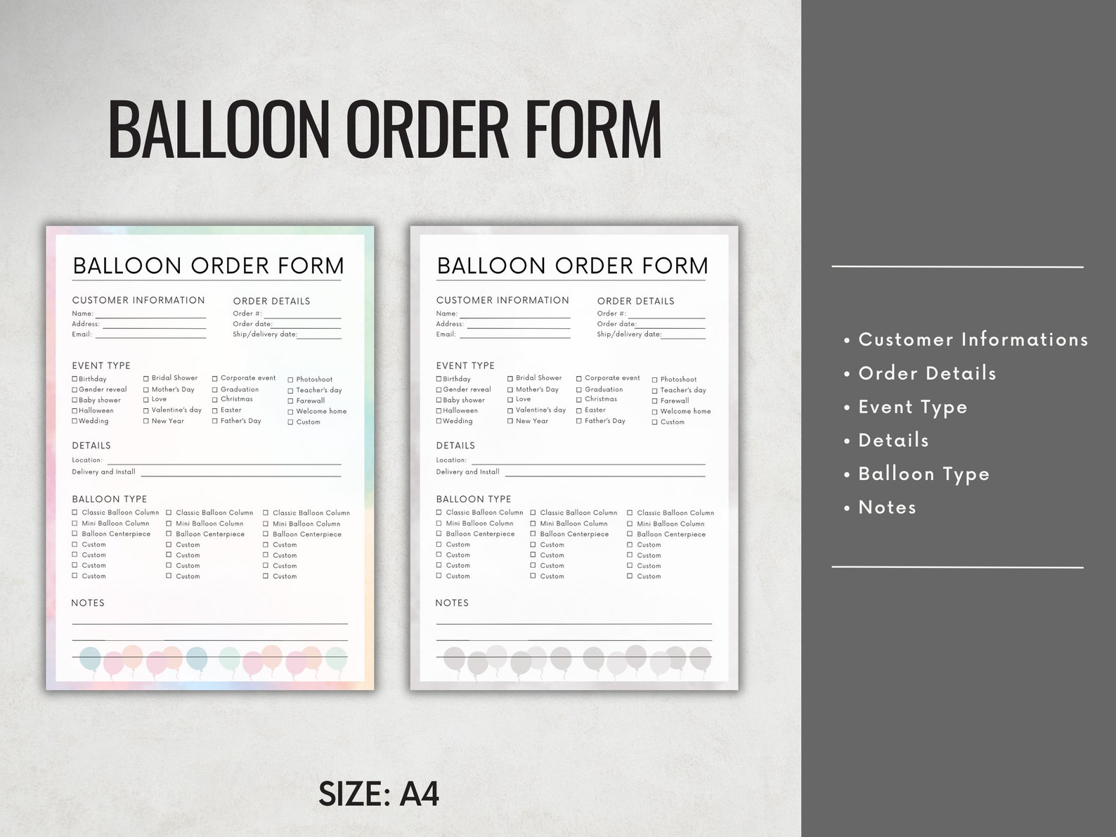 BALLOON ORDER FORM, Balloon Business Templates, Balloon Artist Contract ...