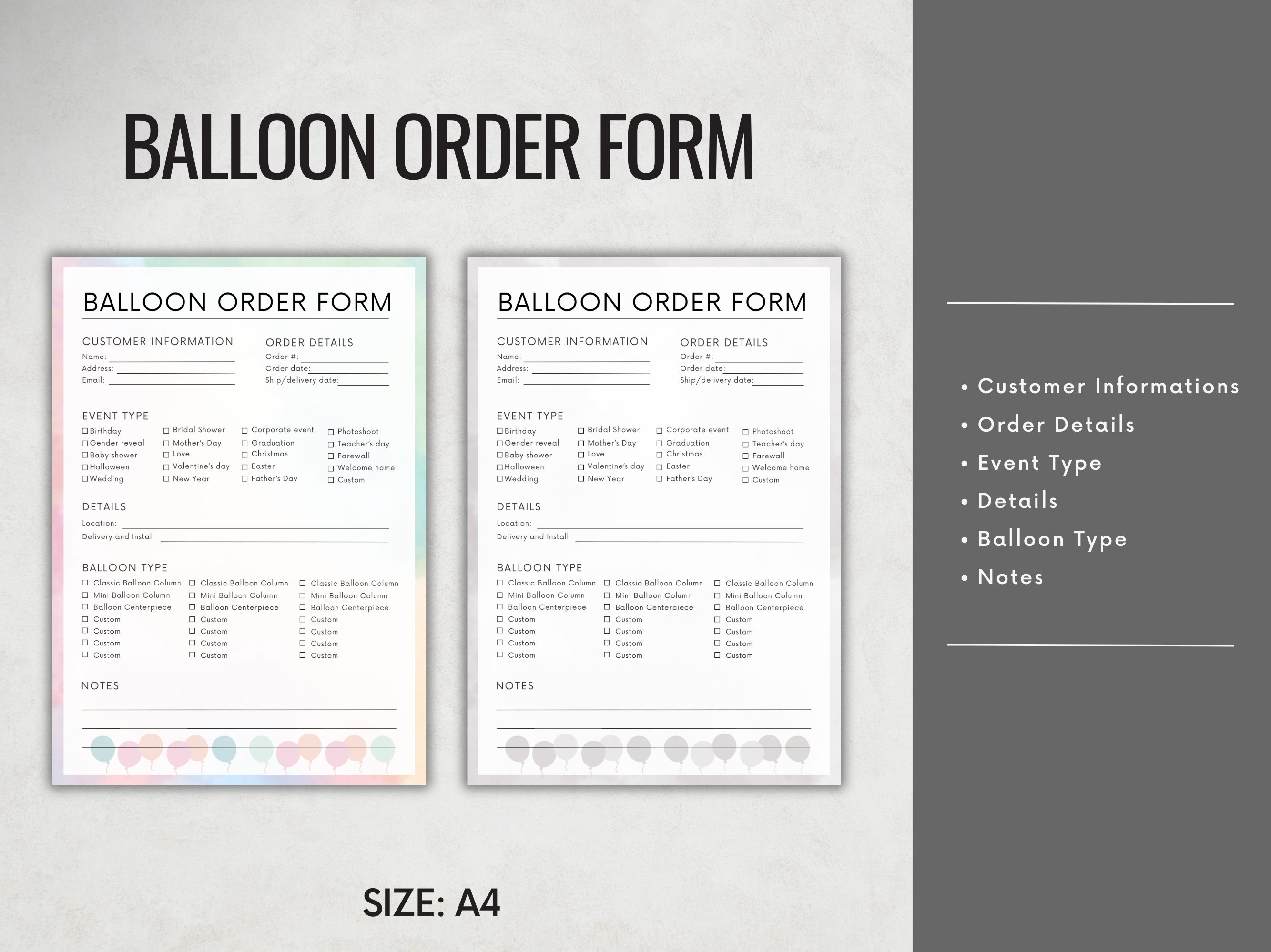BALLOON ORDER FORM, Balloon Business Templates, Balloon Artist Contract ...