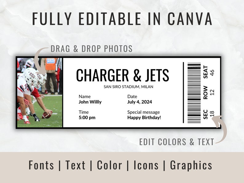 Editable Sports Ticket Template, DIY Sporting Ticket, Custom Sports ...