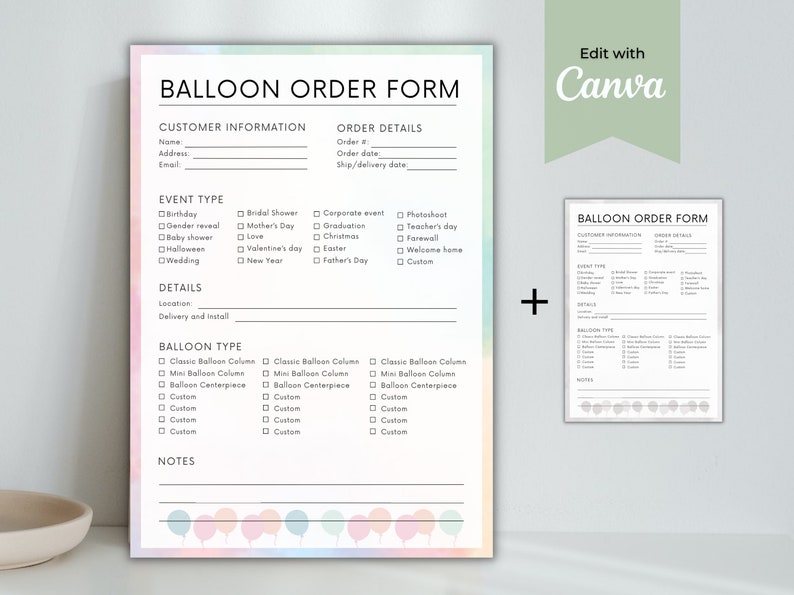 BALLOON ORDER FORM Balloon Business Templates Balloon Artist - Etsy