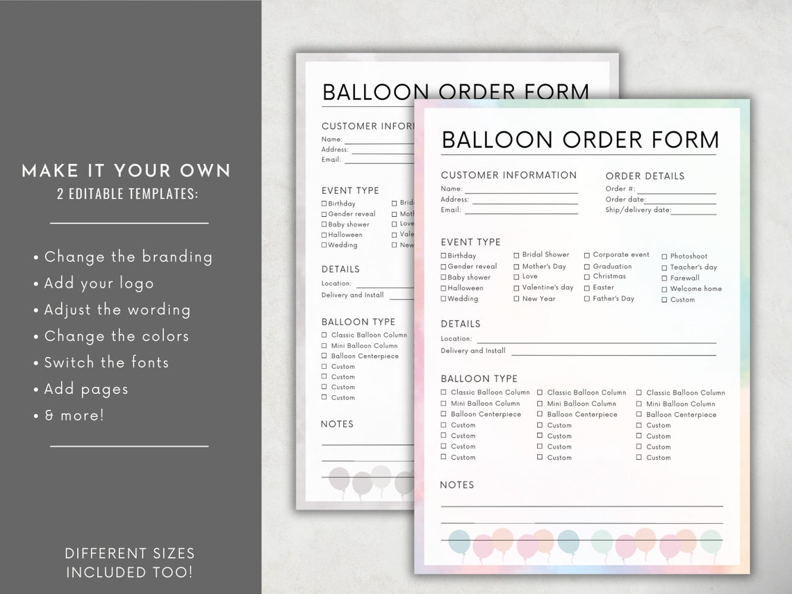 BALLOON ORDER FORM Balloon Business Templates Balloon Artist - Etsy