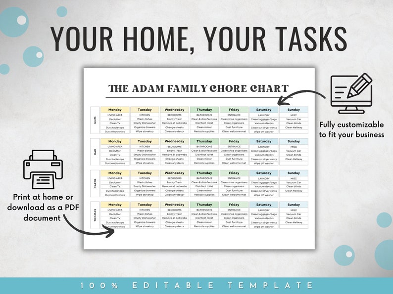Editable Family Chore Chart, Printable Weekly Chore List, Adults Chore ...