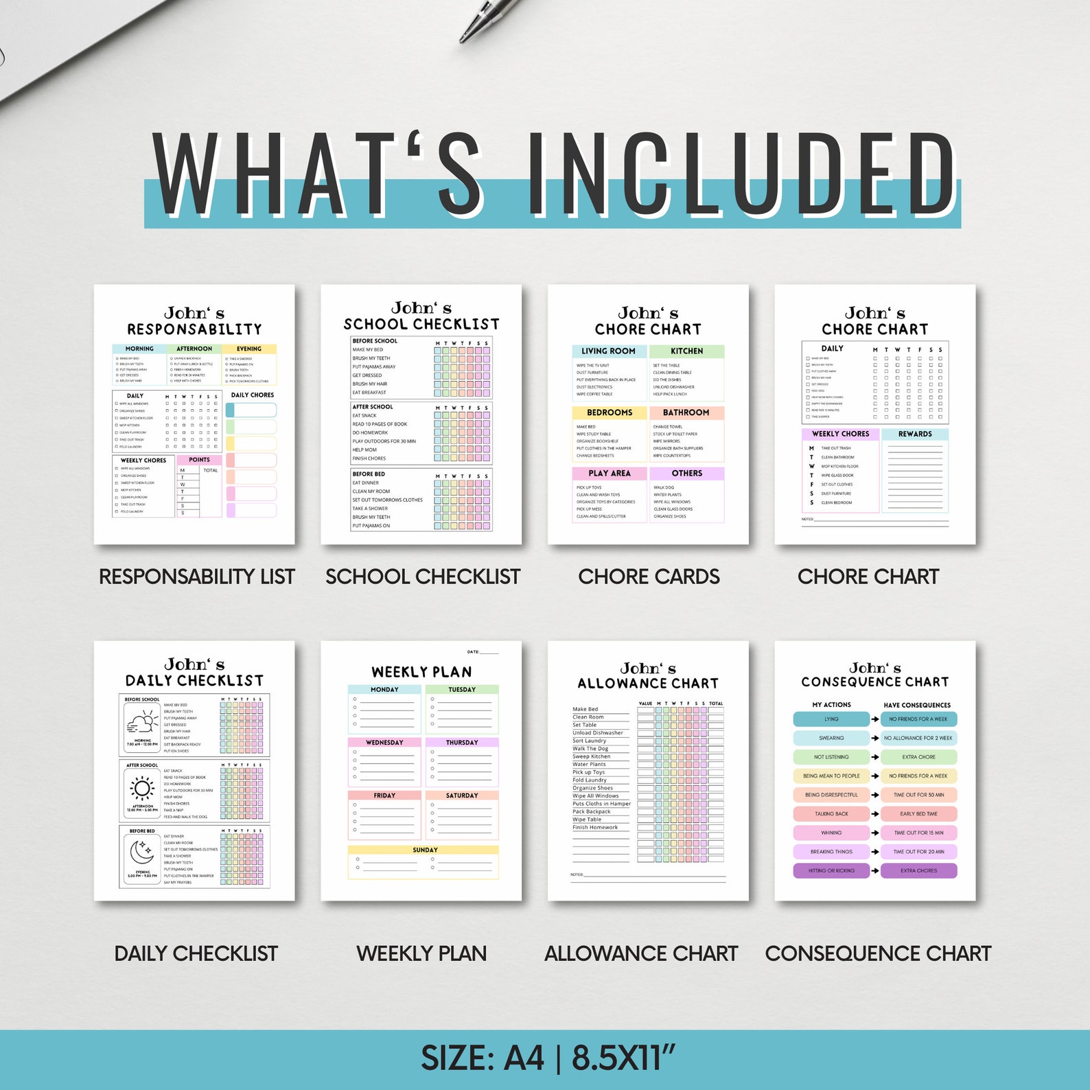 Editable Kids Chore Chart Bundle, Reward Allowance Behavior Consequence ...