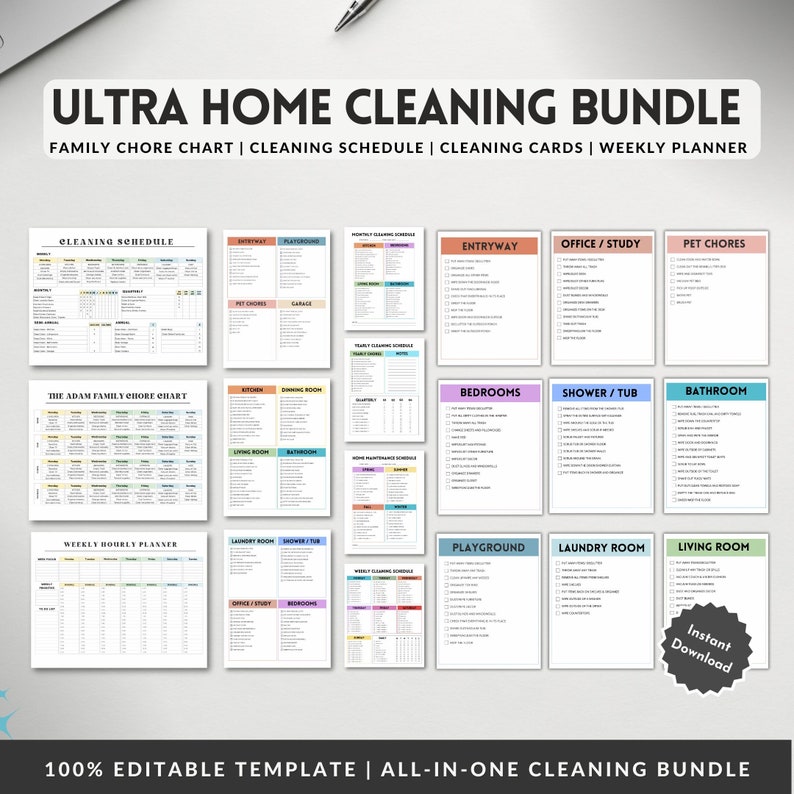 Cleaning Checklist Bundle, Editable Household Cleaning Schedule, Adhd ...