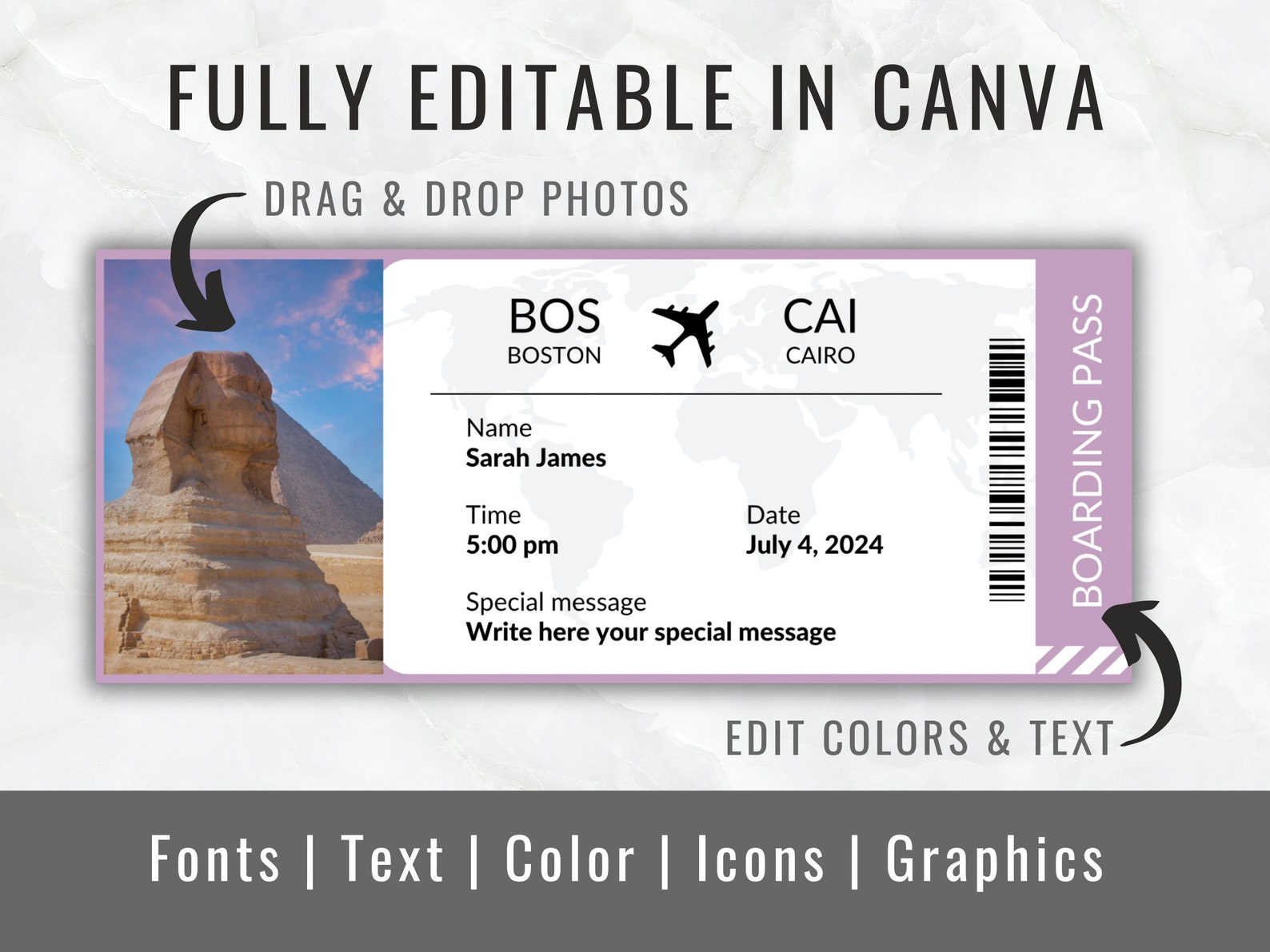 Editable Boarding Pass Template, Printable Airline Ticket, Plane ...