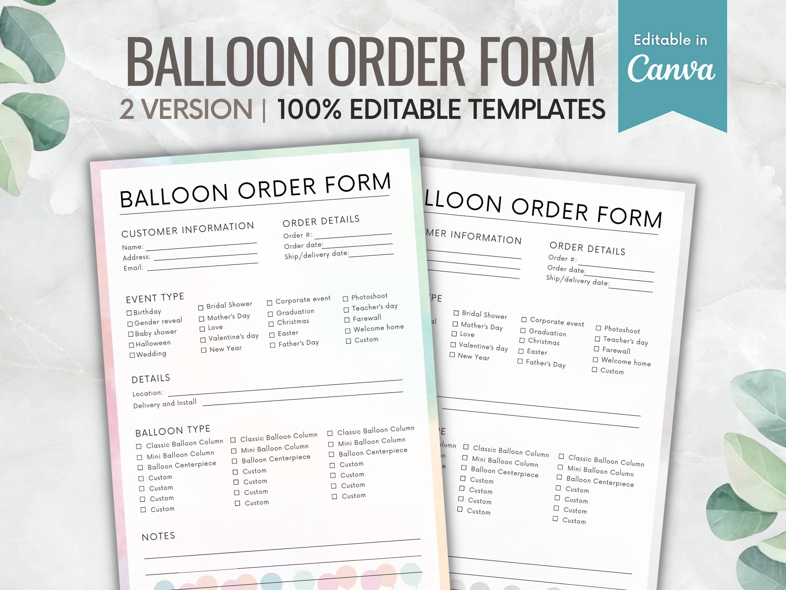 BALLOON ORDER FORM, Balloon Business Templates, Balloon Artist Contract ...