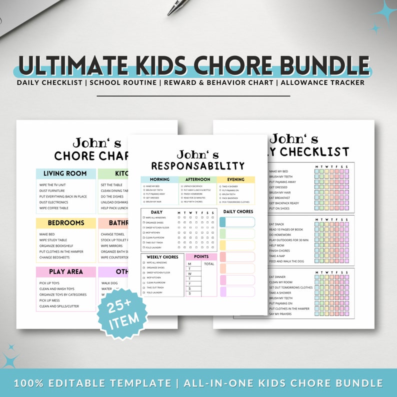 Editable Kids Chore Chart Bundle, Reward Allowance Behavior Consequence ...