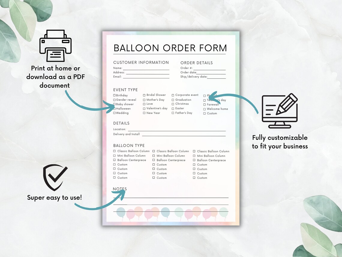 BALLOON ORDER FORM, Balloon Business Templates, Balloon Artist Contract ...