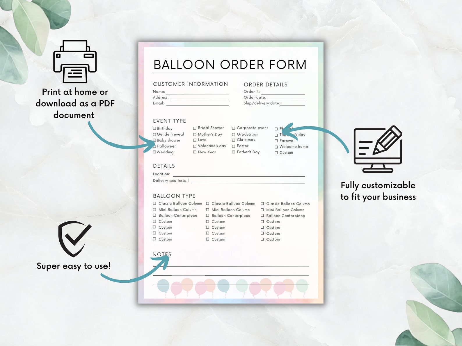 BALLOON ORDER FORM, Balloon Business Templates, Balloon Artist Contract ...