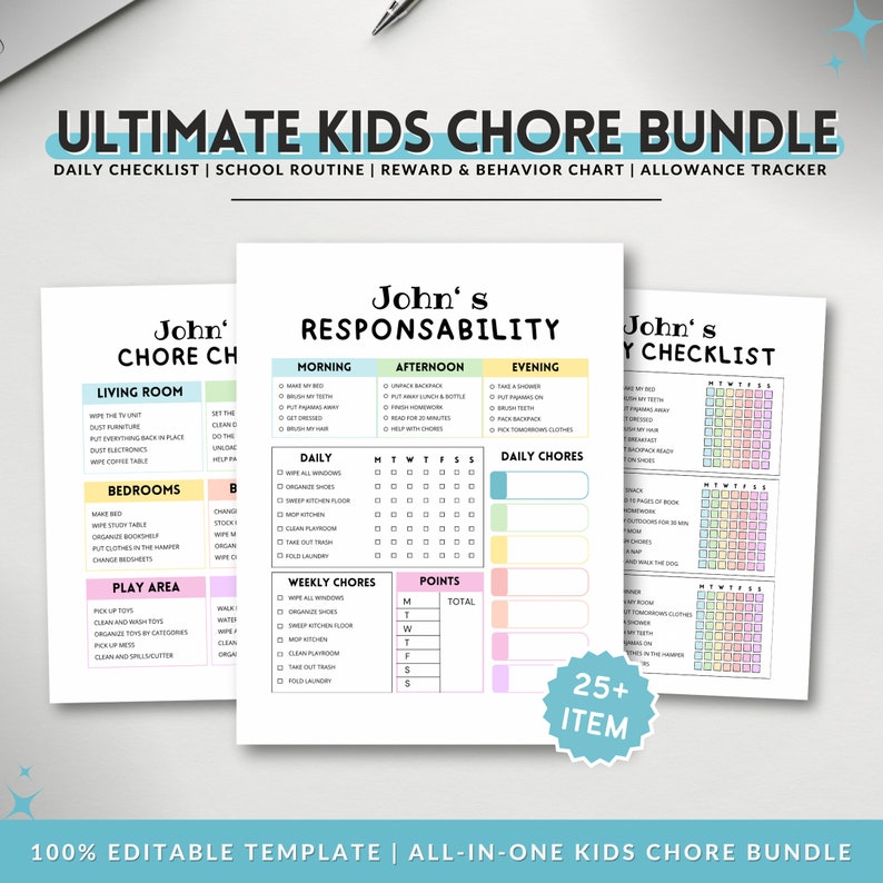Editable Kids Chore Chart Bundle, Reward Allowance Behavior Consequence ...