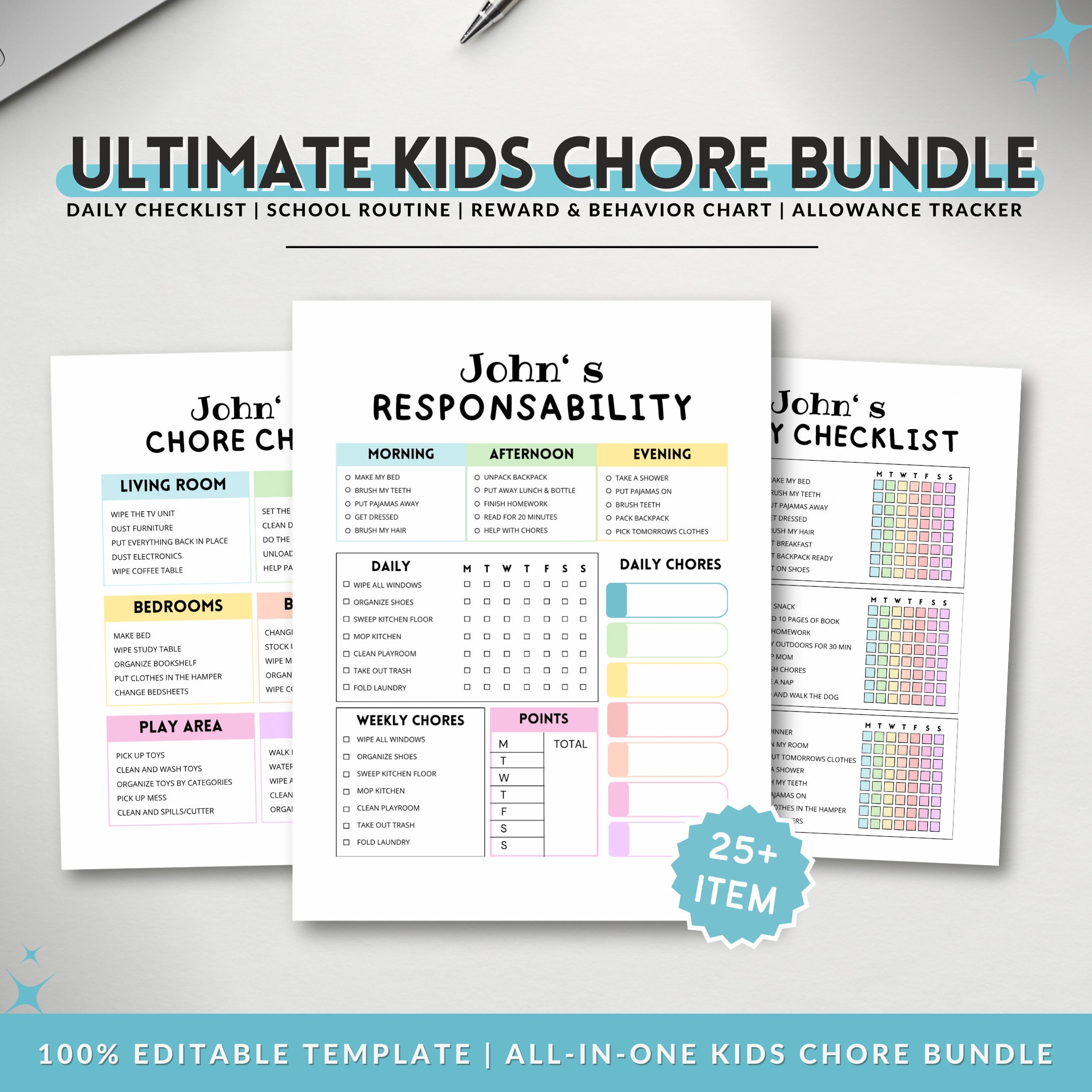 Editable Kids Chore Chart Bundle, Reward Allowance Behavior Consequence ...