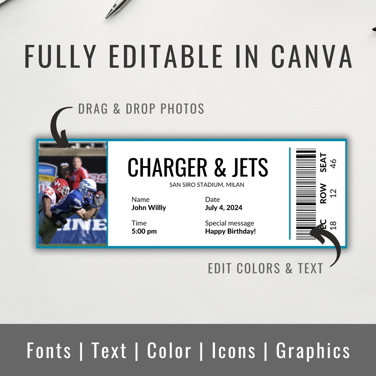 Editable Sports Ticket Template, DIY Sporting Ticket, Custom Sports ...