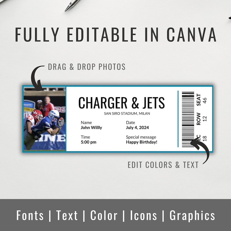 Editable Sports Ticket Template, DIY Sporting Ticket, Custom Sports ...