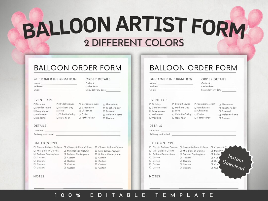 BALLOON ORDER FORM, Balloon Business Templates, Balloon Artist Contract ...