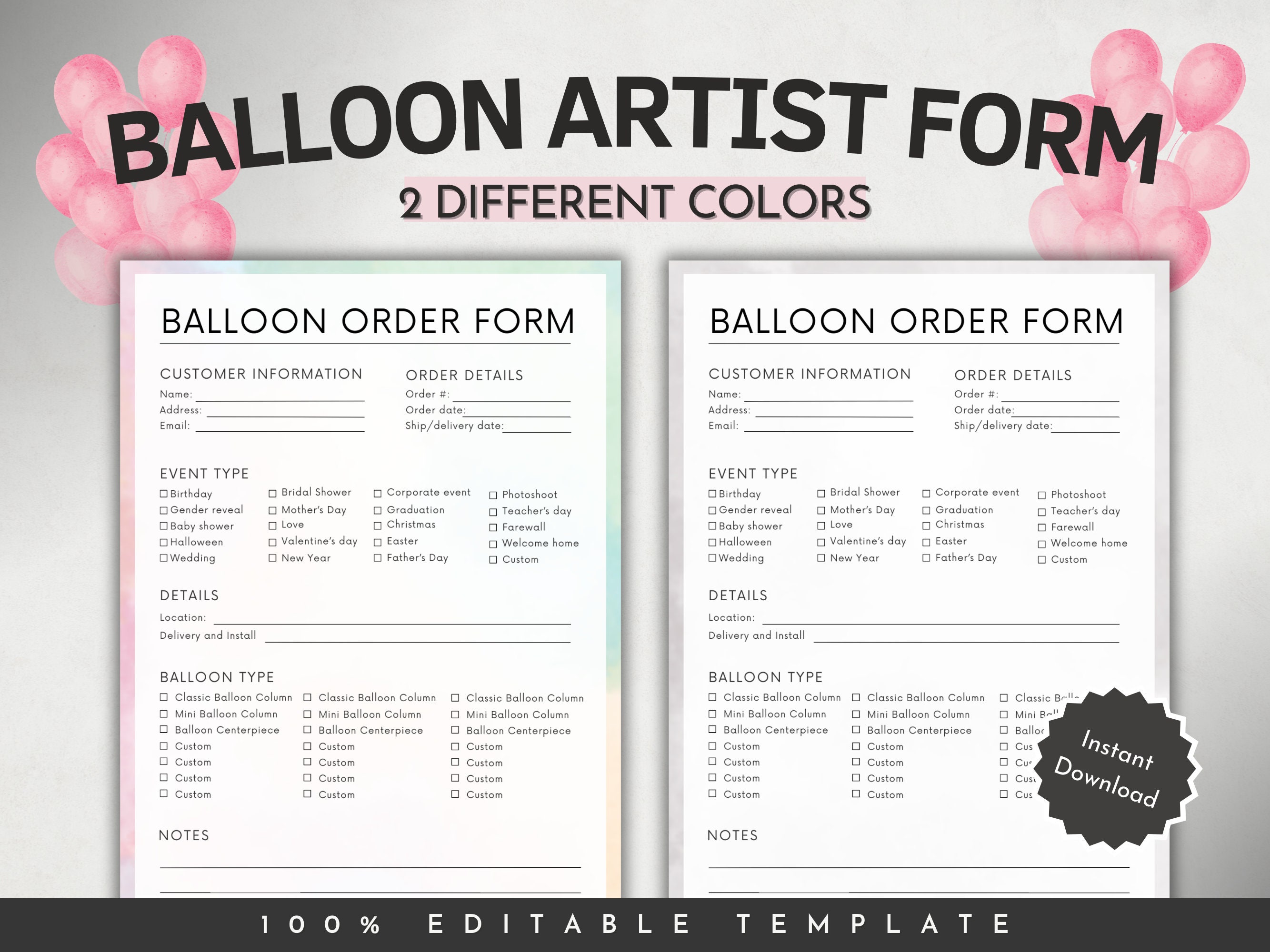 BALLOON ORDER FORM, Balloon Business Templates, Balloon Artist Contract ...