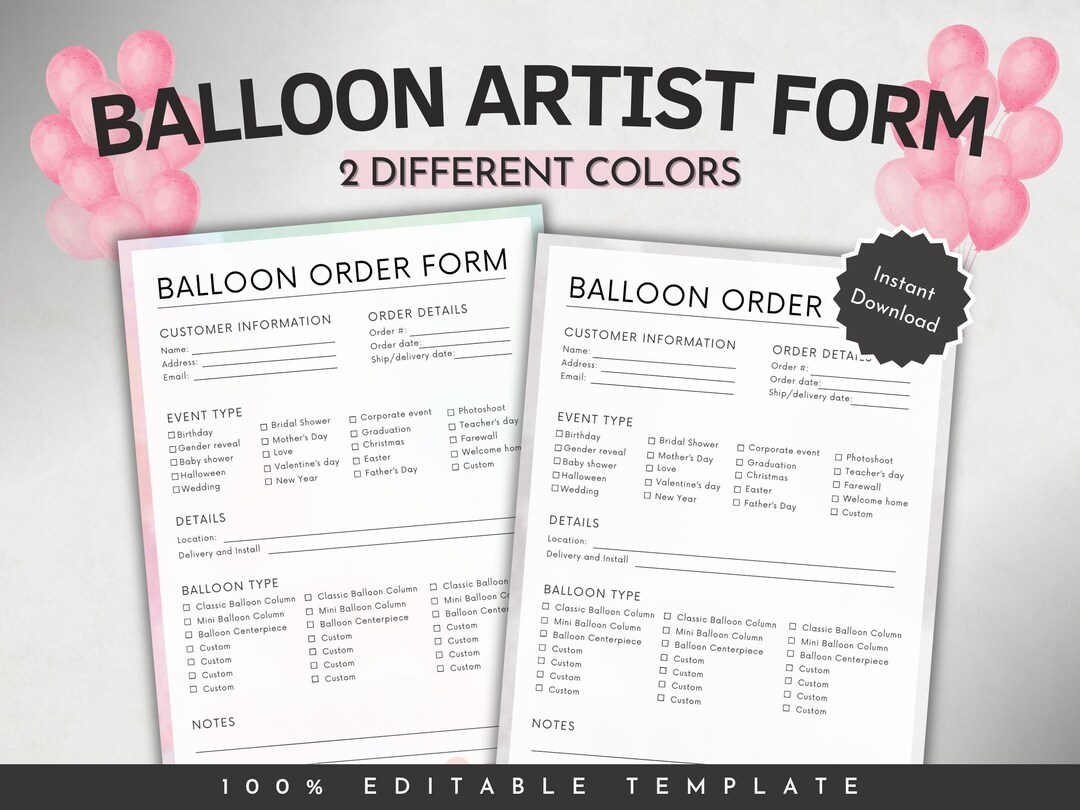 BALLOON ORDER FORM, Balloon Business Templates, Balloon Artist Contract ...