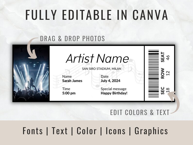 Editable Concert Ticket Template, DIY Event Ticket, Custom Concert ...