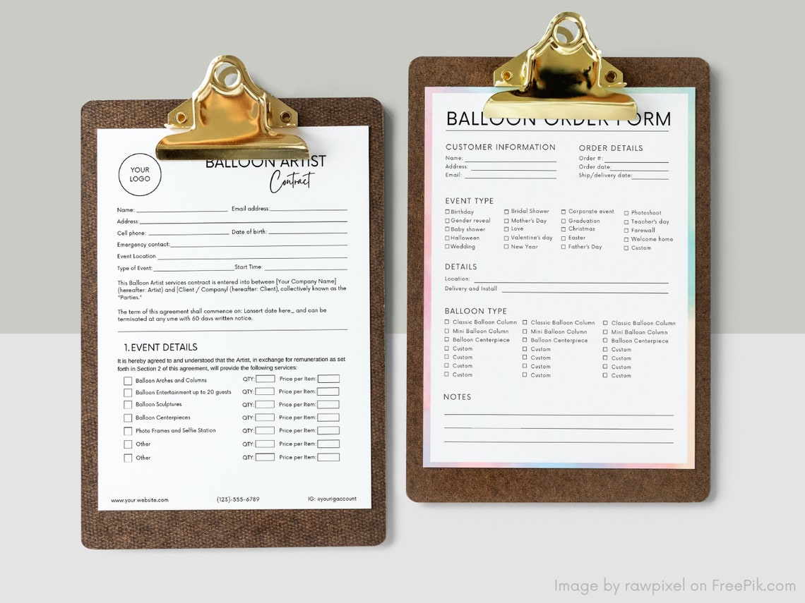 BALLOON ORDER FORM, Balloon Business Templates, Balloon Artist Contract ...