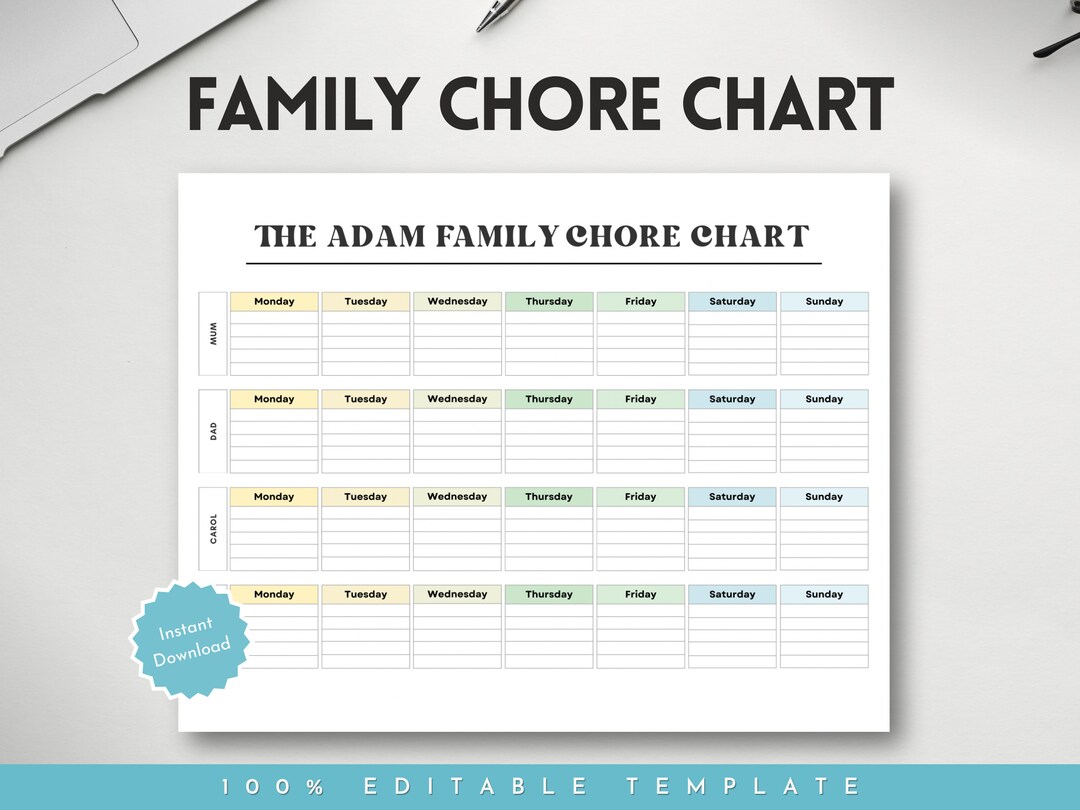 Editable Family Chore Chart, Printable Weekly Chore List, Adults Chore ...