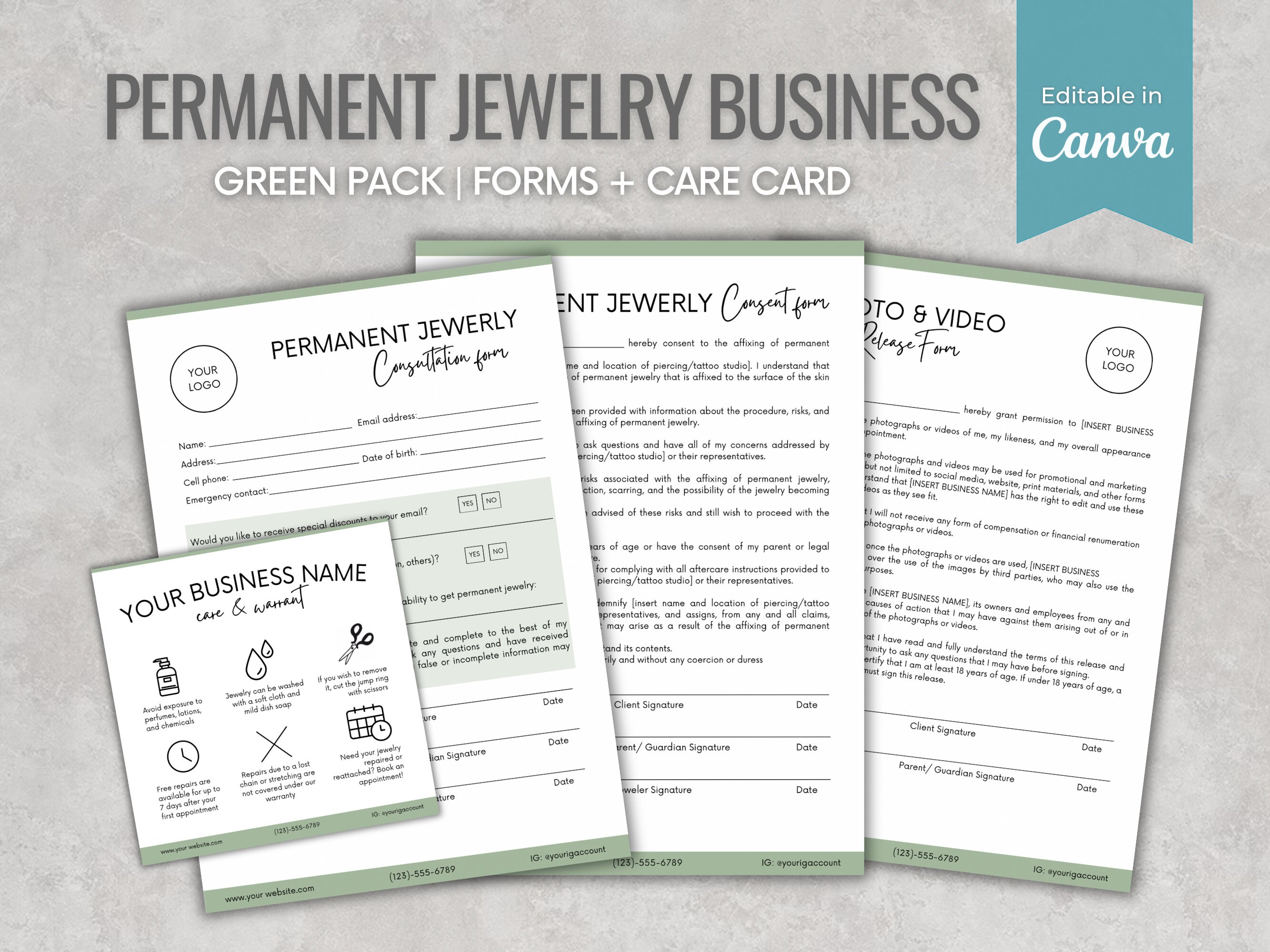 Permanent Jewelry Business Bundle, Editable Permanent Jewelry Consent ...