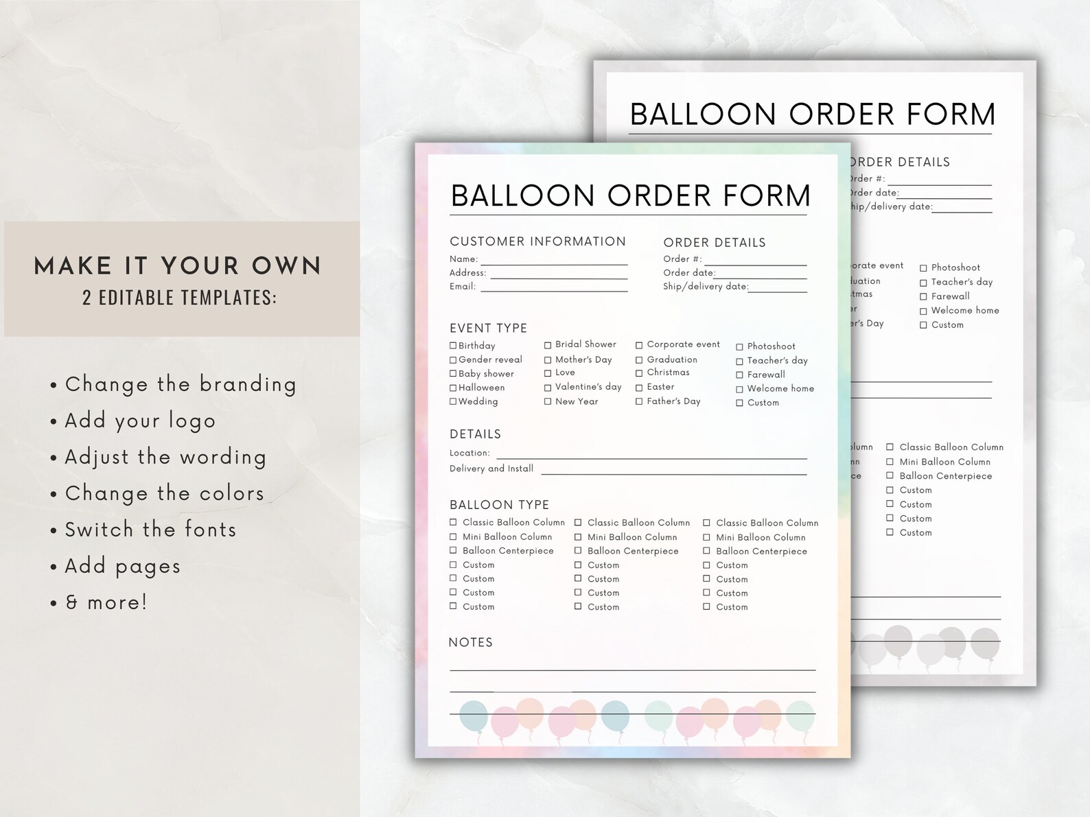 BALLOON ORDER FORM, Balloon Business Templates, Balloon Artist Contract ...