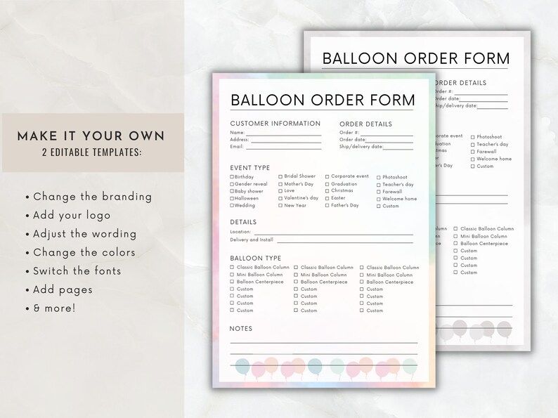 BALLOON ORDER FORM, Balloon Business Templates, Balloon Artist Contract ...