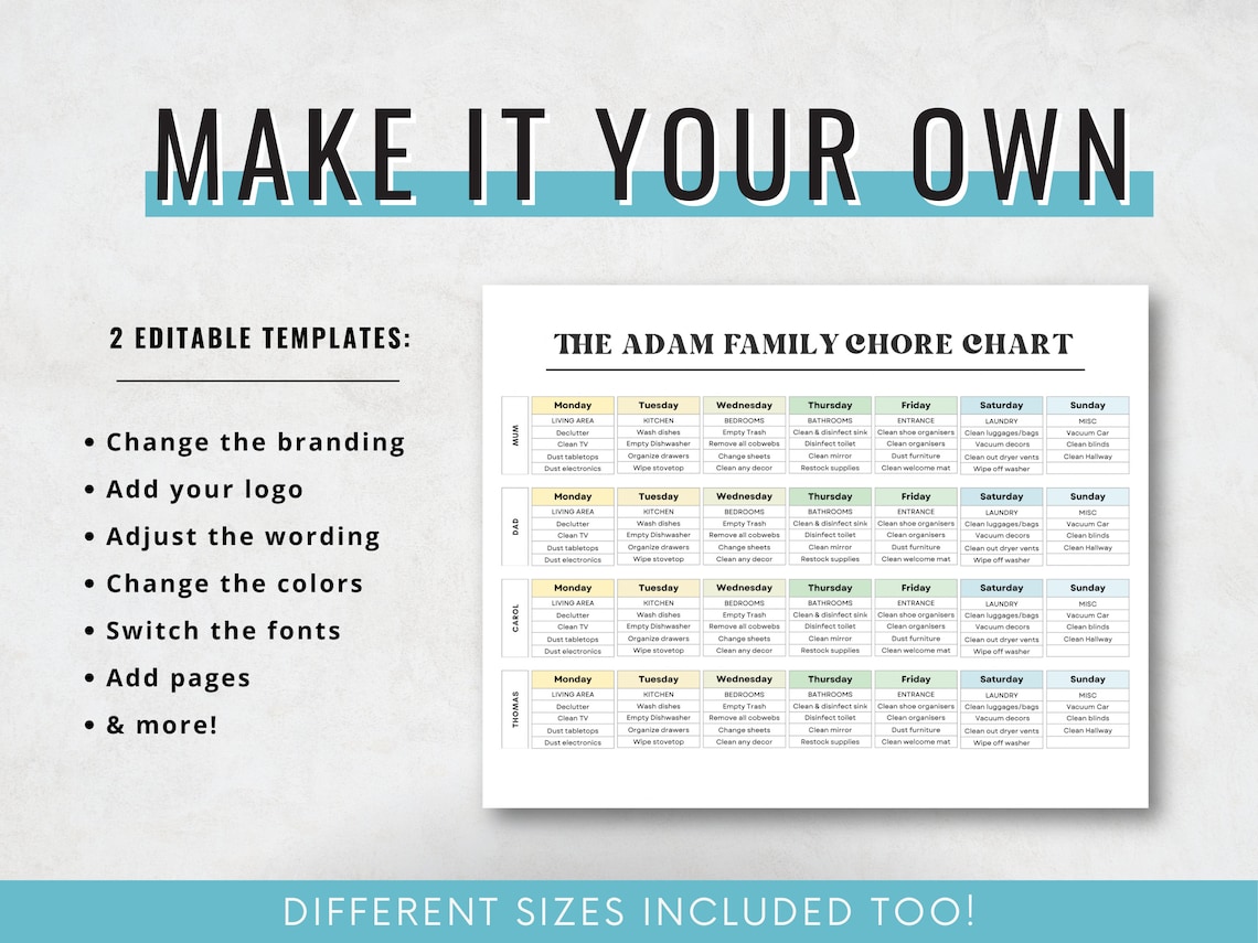 Editable Family Chore Chart, Printable Weekly Chore List, Adults Chore ...
