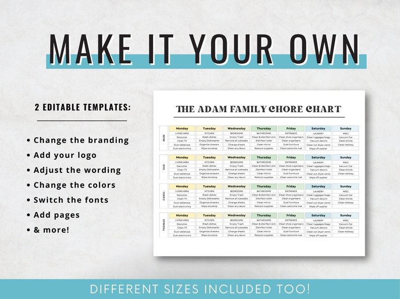 Editable Family Chore Chart, Printable Weekly Chore List, Adults Chore ...