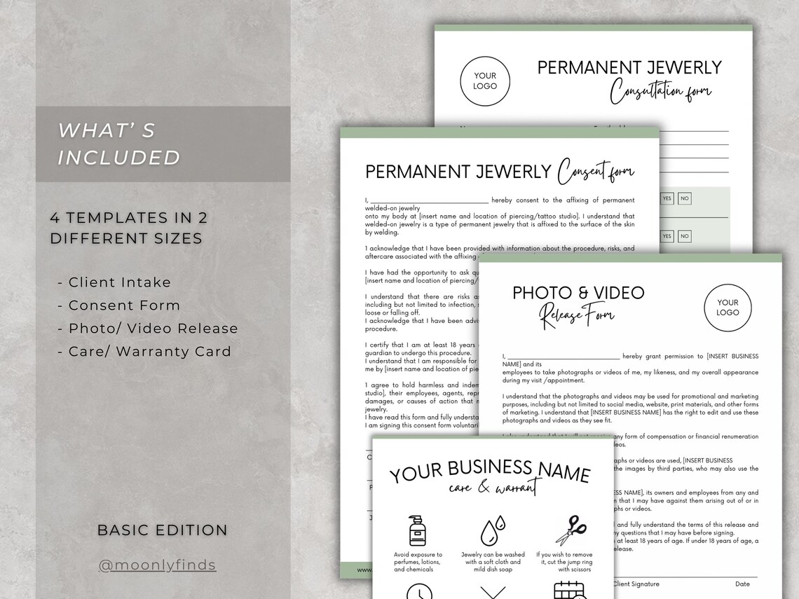 Permanent Jewelry Business Bundle, Editable Permanent Jewelry Consent ...