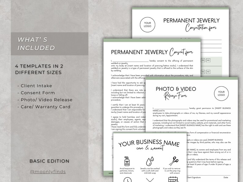 Permanent Jewelry Business Bundle, Editable Permanent Jewelry Consent ...