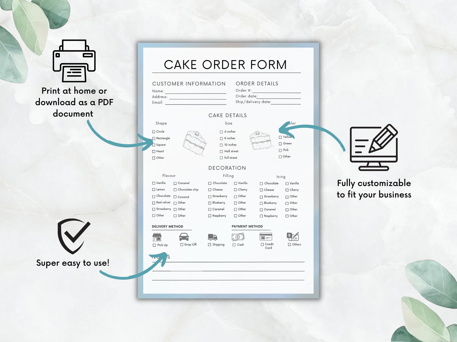 Cake Order Form,printable Bakery Order Form,small Business Template ...