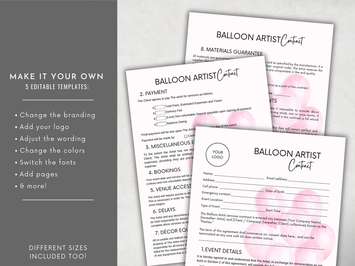 BALLOON ARTIST CONTRACT Template, Balloon Business Bundle, Balloon ...