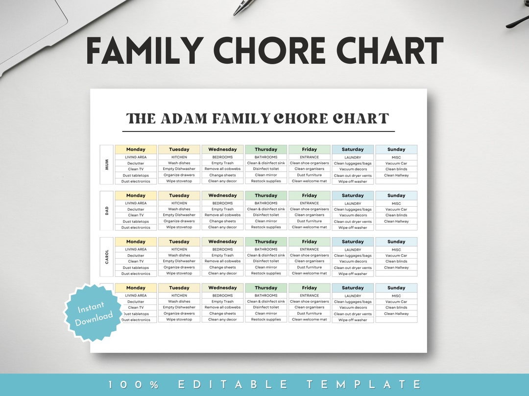 Editable Family Chore Chart, Printable Weekly Chore List, Adults Chore ...