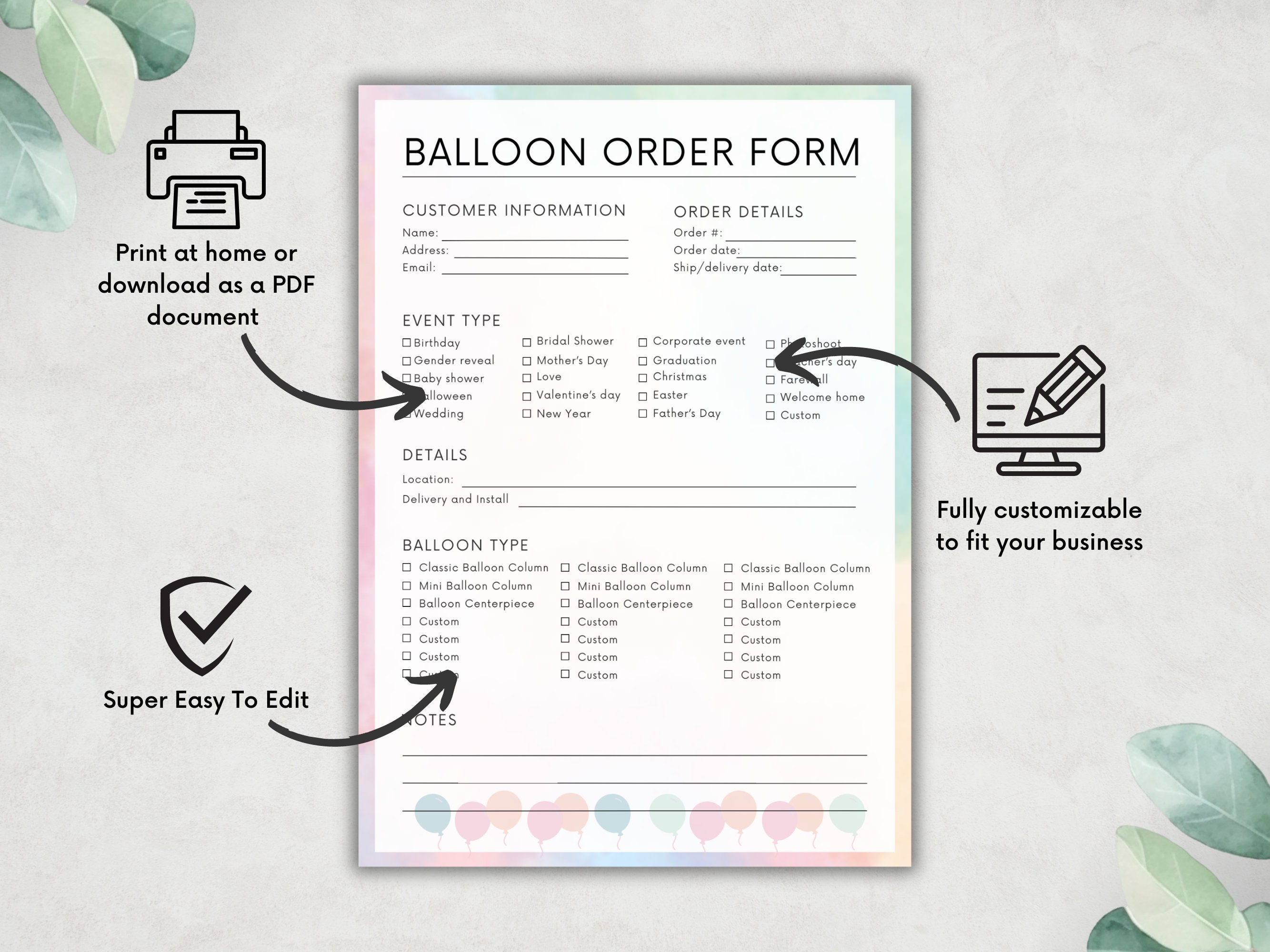 BALLOON ORDER FORM, Balloon Business Templates, Balloon Artist Contract ...