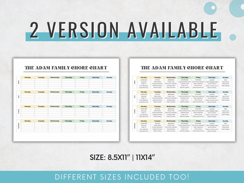 Editable Family Chore Chart, Printable Weekly Chore List, Adults Chore ...