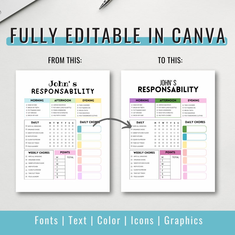 Editable Kids Chore Chart Bundle, Reward Allowance Behavior Consequence ...