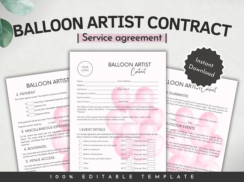 BALLOON ARTIST CONTRACT Template, Balloon Business Bundle, Balloon ...